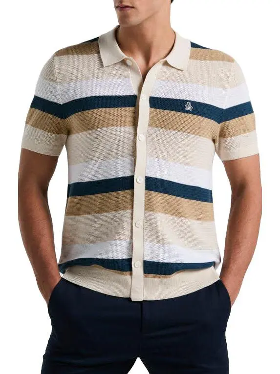 ORIGINAL PENGUIN Mesh Stripe Short Sleeve Cardigan - Birch