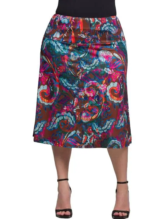 24SEVEN COMFORT APPAREL Paisley Print Midi Skirt - Brown Multi