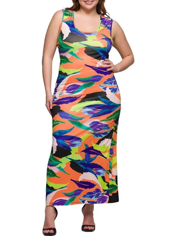24SEVEN COMFORT APPAREL Print Racerback Sleeveless Maxi Dress - Orange Multi