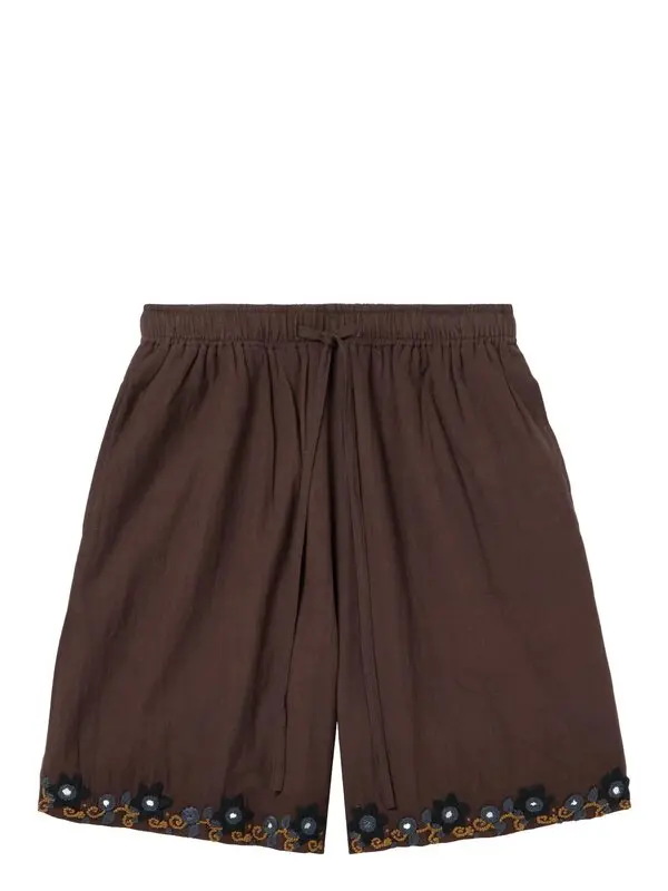 KARTIK RESEARCH Embellished Embroidered Cotton Shorts - Brown