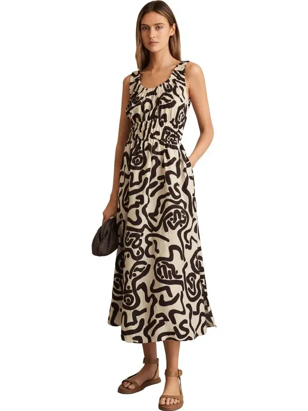 REISS Akari Linen-blend Printed Midi Dress - Brown/ivory