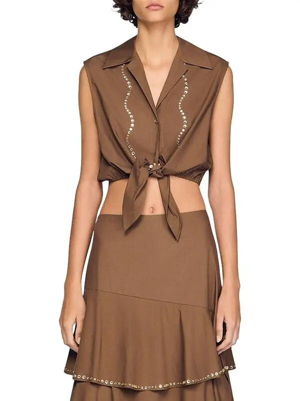 Sandro Rhinestone Cropped Shirt - Brown