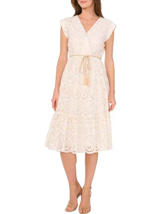 Vince Camuto Eyelet Tiered Midi Dress - Ultra White