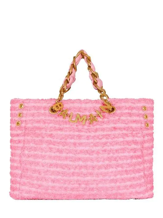 Balmain 1945 Raffia & Tweed Soft Tote - Pink