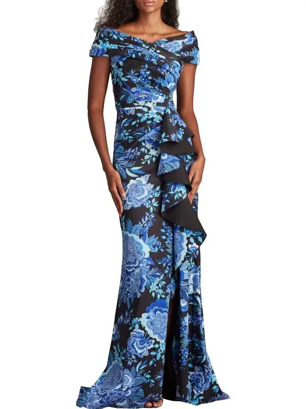 Tadashi Shoji Floral Print Off-the-shoulder Gown - Black/ Blue Floral