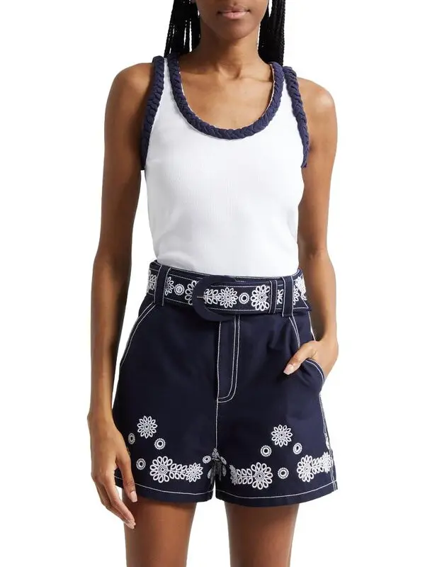 Cinq À Sept Braided Trim Tank - White/ Navy