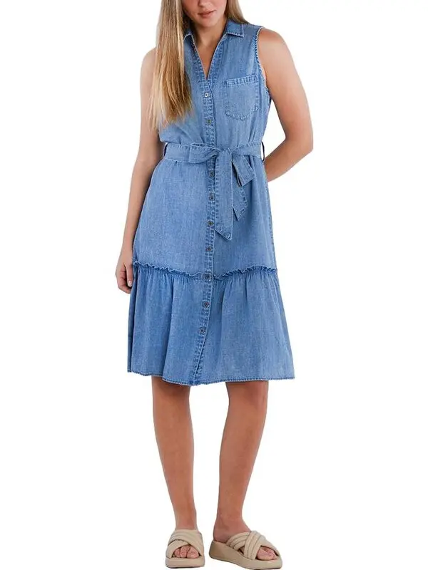 WASH LAB DENIM Allie Sleeveless Tiered Shirt Dress - Vintage Denim