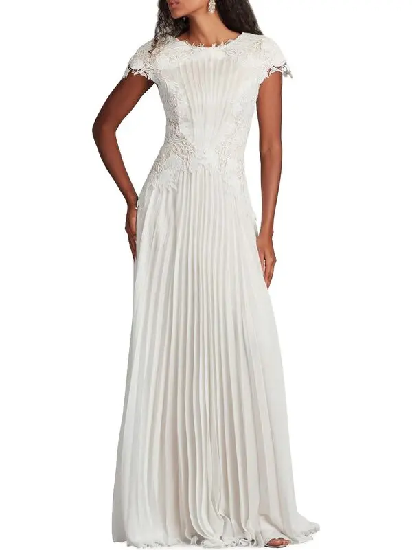 Tadashi Shoji Embroidered Lace Cap Sleeve Gown - Ivory/ Petal