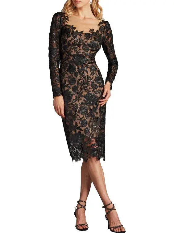 Tadashi Shoji Embroidered Lace Long Sleeve Cocktail Dress - Black/ Nude