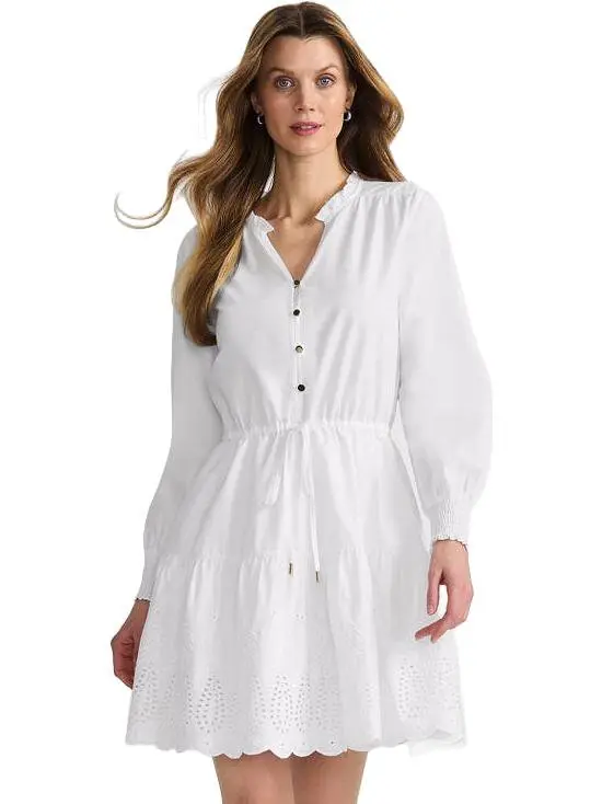 LANDS' END Long Sleeve Eyelet Mini Popover Dress - White Eyelet