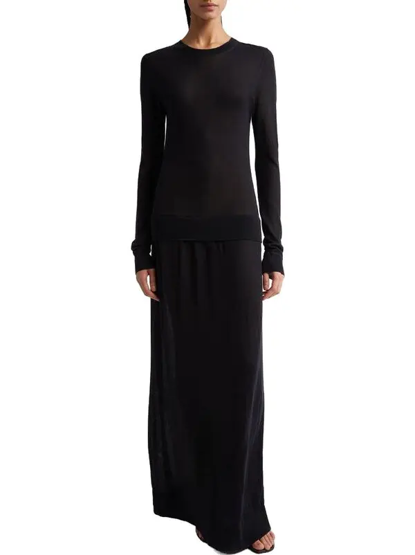TOTÊME Long Sleeve Fine Knit Silk & Cupro Sweater Dress - Black