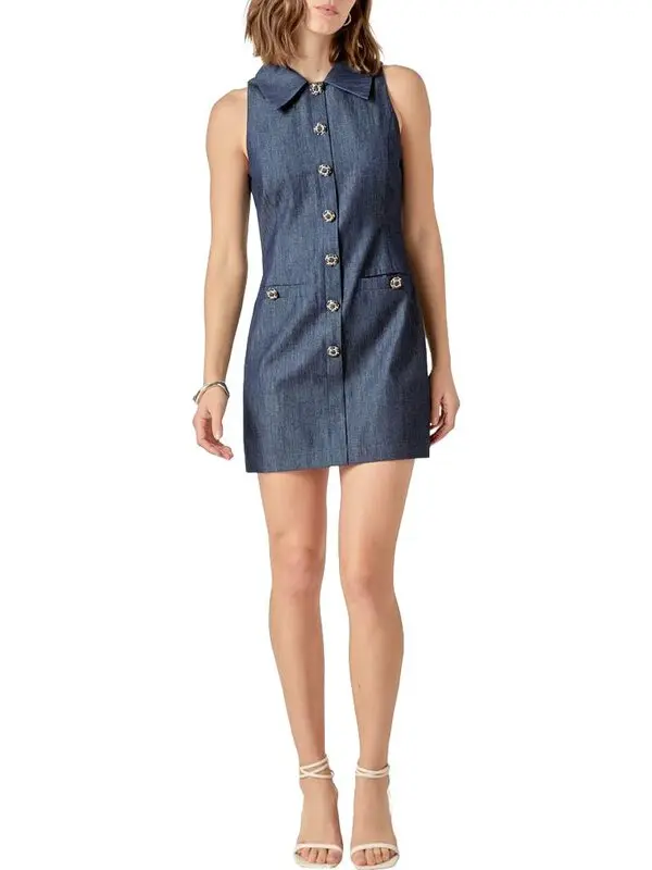 Endless Rose Point Collar Denim Mini Shirtdress - Navy Denim