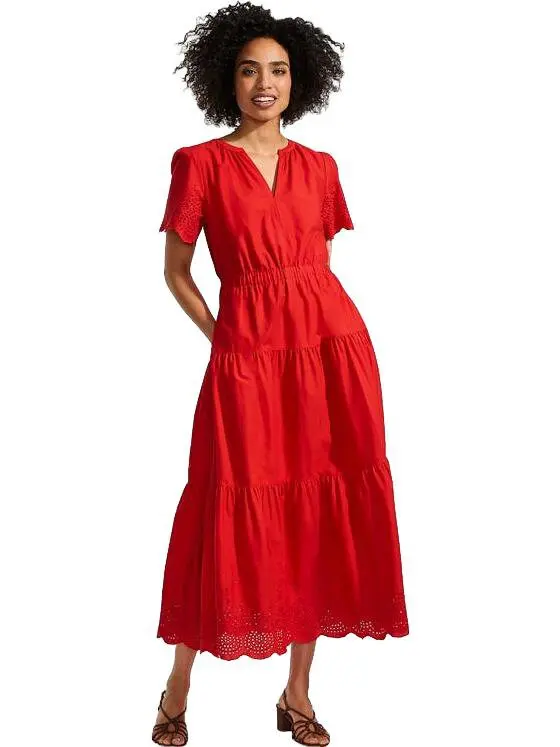 LANDS' END Tiered Cotton Poplin Embroidered Maxi Dress - Coral Red Eyelet