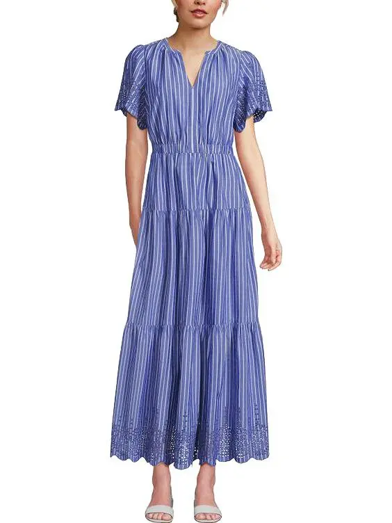 LANDS' END Tiered Cotton Poplin Embroidered Maxi Dress - Sapphire Gem Stripe Eyelet