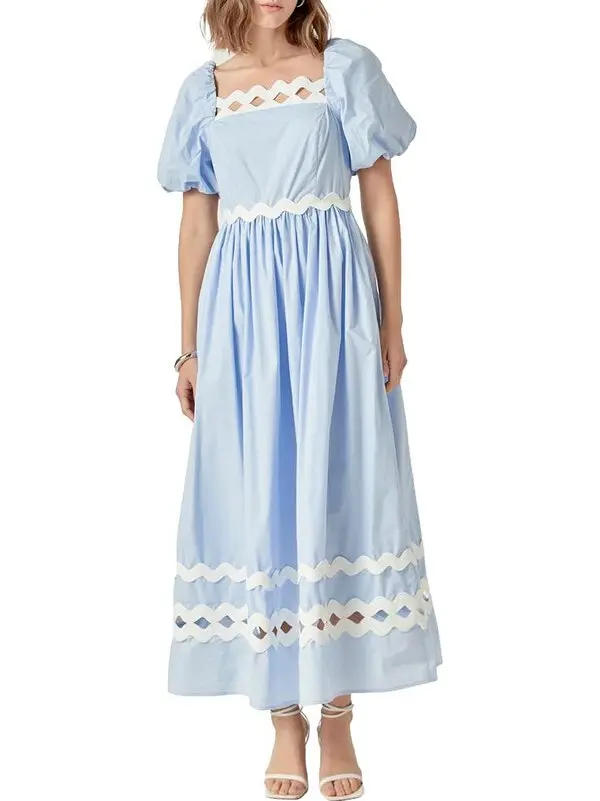 English Factory Scalloped Puff Sleeve Cotton Maxi Dress - Powder Blue/ Cream