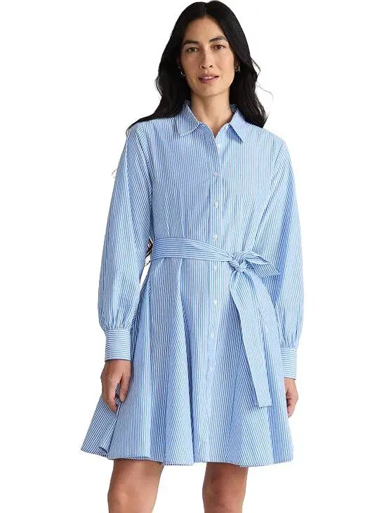 LANDS' END Poplin Button-front Shirt Dress With Godets - Blue/white Mini Stripe