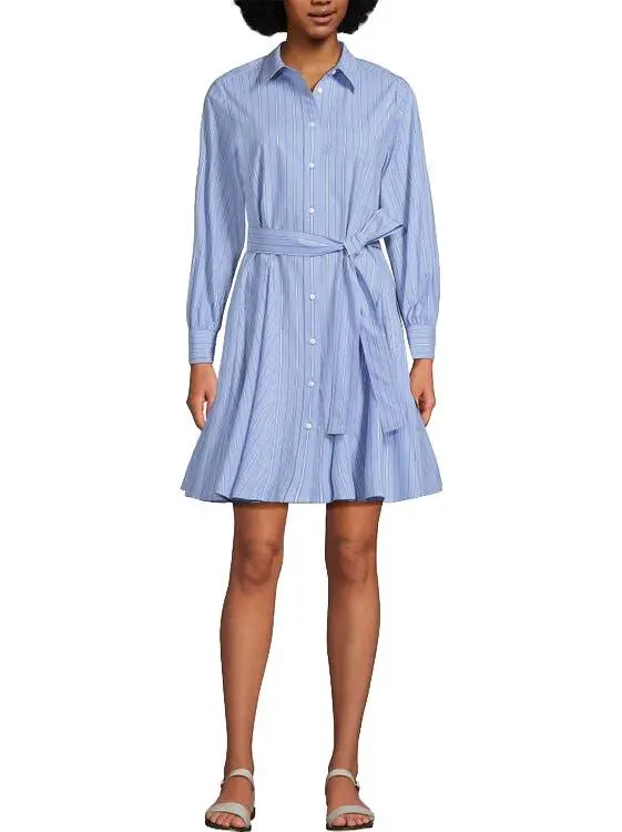 LANDS' END Poplin Button-front Shirt Dress With Godets - Light Sea Blue/white Stripe