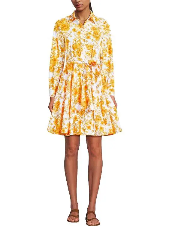 LANDS' END Poplin Button Front Shirt Dress With Godets - Yellow Mosaic Floral