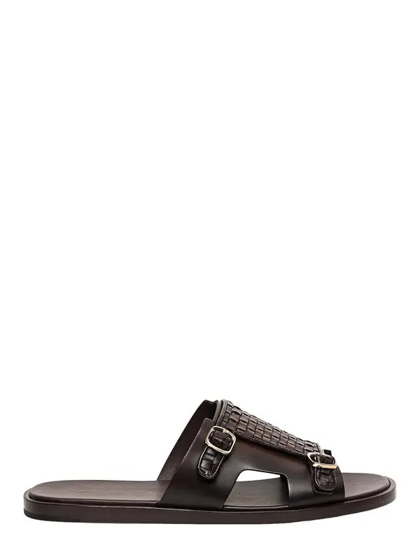 Santoni Duo Woven Leather Double-buckle Slide Sandals - Dark Brown