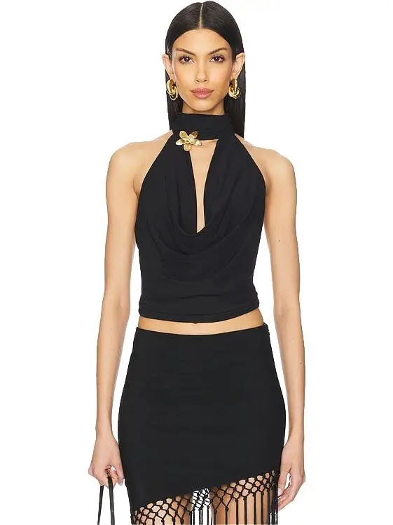 RUNAWAY THE LABEL Farley Top With Gold-tone Floral Brooch - Black