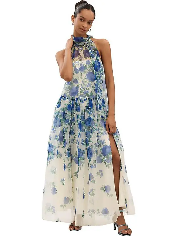 Bhldn Kendall High-neck Maxi Dress - Blue Printed Floral