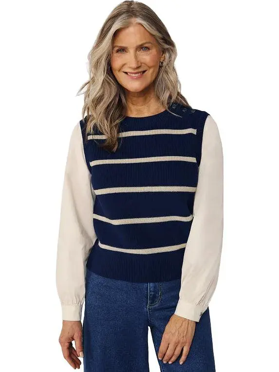 LANDS' END Drifter Shaker Vest With Poplin Sleeves - Deep Sea Navy/champagne Stripe