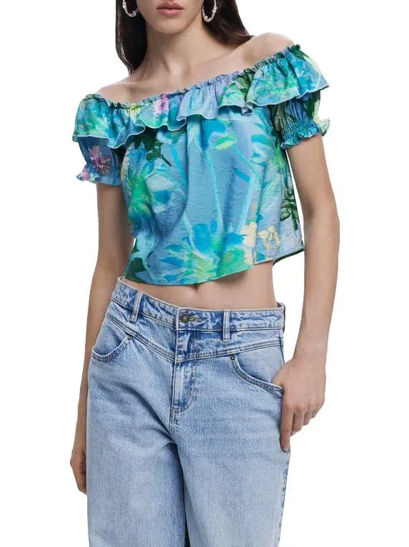 Desigual Ruffle Off-the-shoulder Top - Water Green