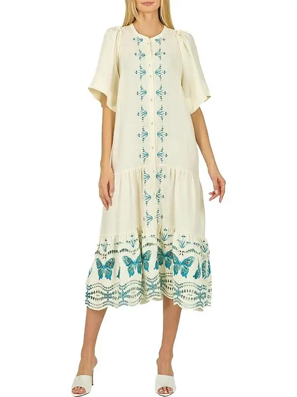 SECRET PON-PON Marcella Dress - Creme With Multi Blue Embroidery