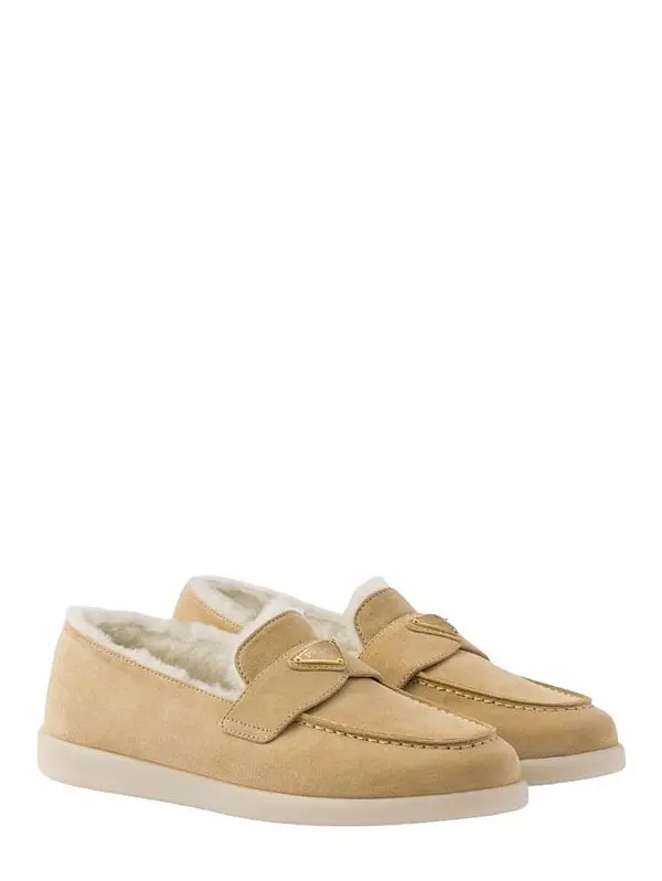 Prada Suede And Shearling Loafers - Neutral