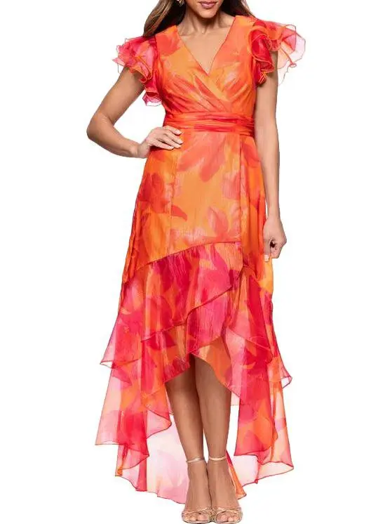 XSCAPE EVENINGS Metallic Floral High-low Gown - Coral/ Pink