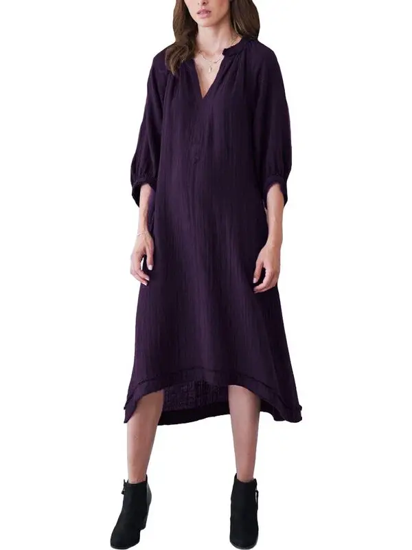 OCEAN+MAIN Gauze A-line Dress With Asymmetric Hem And Pockets - Aubergine