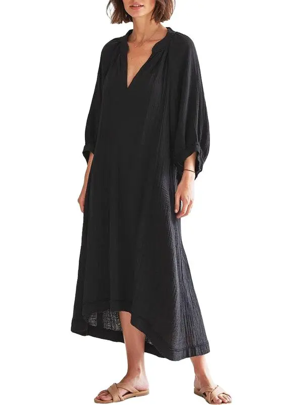 OCEAN+MAIN Gauze A-line Dress With Asymmetric Hem And Pockets - Black