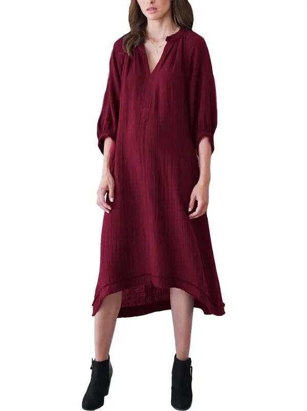 OCEAN+MAIN Gauze A-line Dress With Pockets - Burgundy