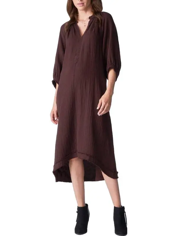 OCEAN+MAIN Gauze A-line Dress With Asymmetric Hem And Pockets - Chocolate