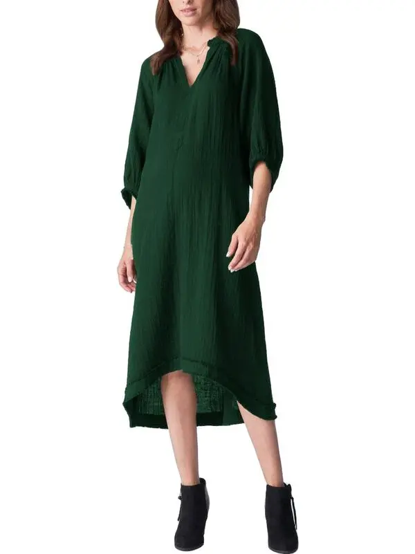 OCEAN+MAIN Gauze A-line Dress With Asymmetric Hem And Pockets - Forest