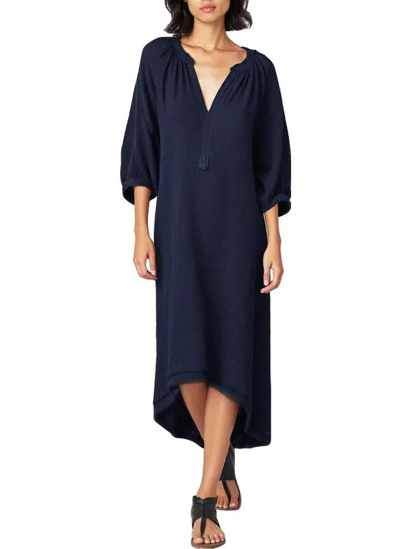 OCEAN+MAIN Gauze A-line Dress With Pockets - Navy