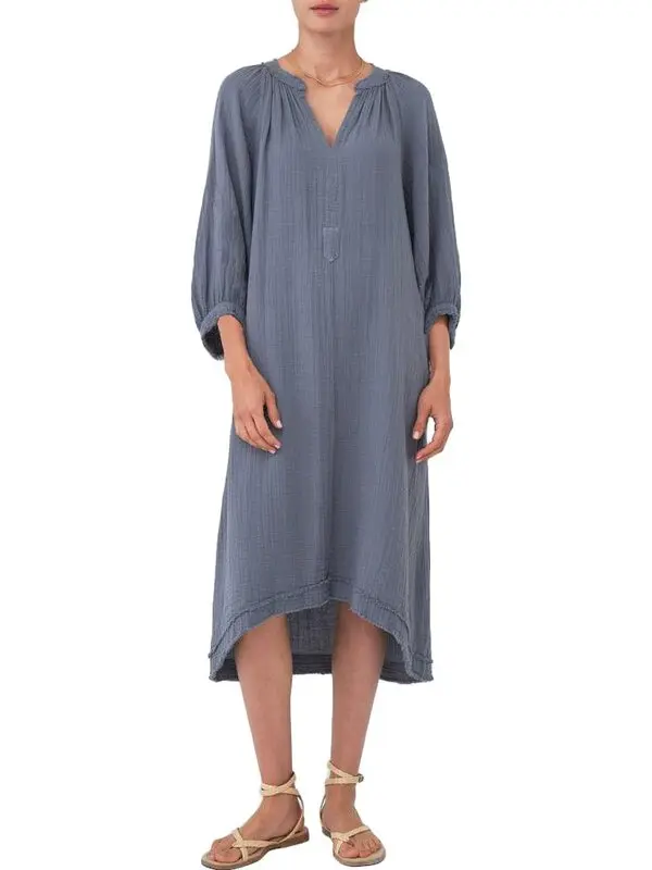 OCEAN+MAIN Gauze A-line Dress With Asymmetric Hem And Pockets - Petrol