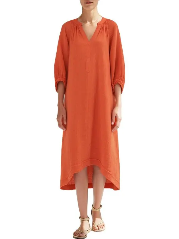 OCEAN+MAIN Gauze A-line Dress With Asymmetric Hem And Pockets - Saffron