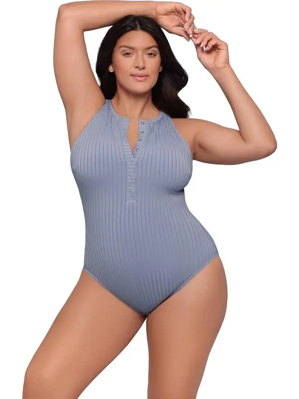 S3 Ribbed High Neck Snap Front One Piece Swimsuit - Iris