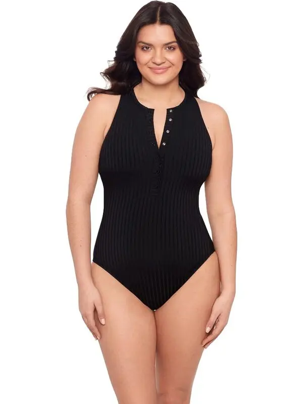 S3 Ribbed High Neck Snap Front One Piece Swimsuit - Onyx Black