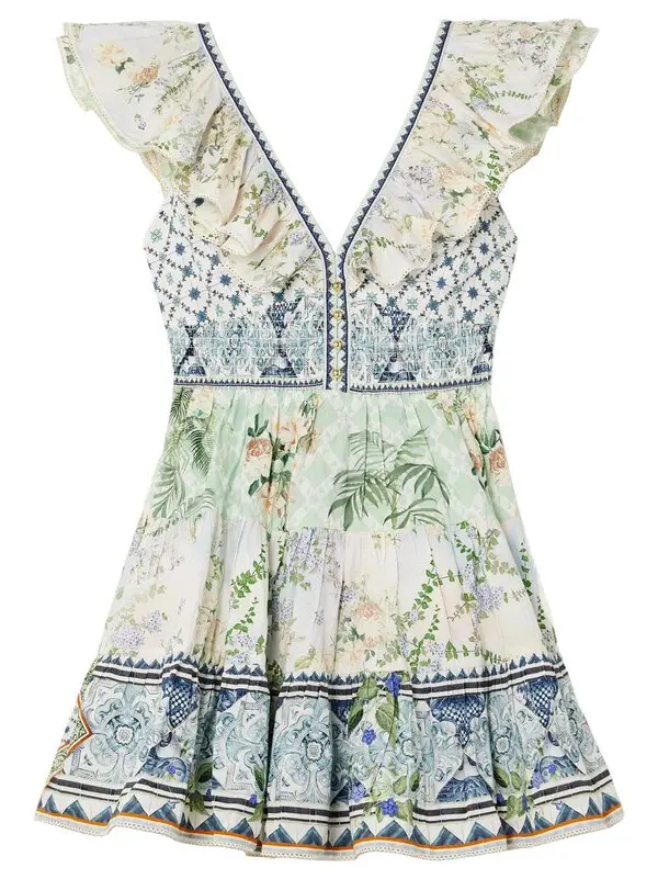 Camilla Cutout Ruffled Printed Organic Cotton Mini Dress - Blue