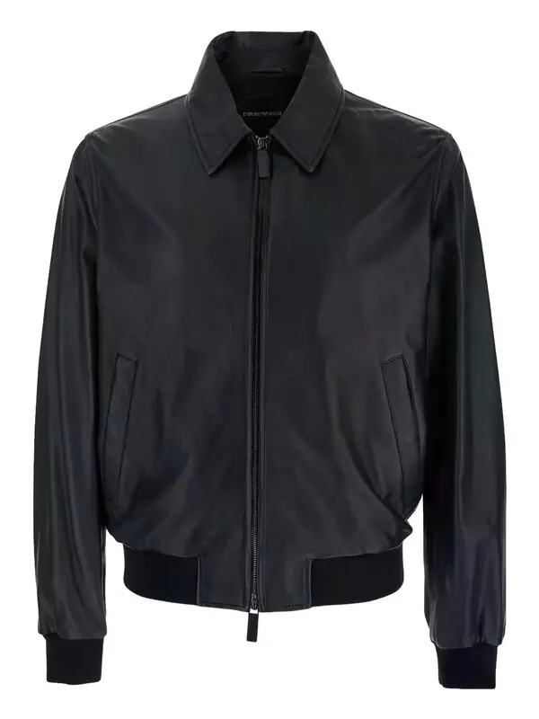 Emporio Armani Ribbed-trim Leather Jacket - Black