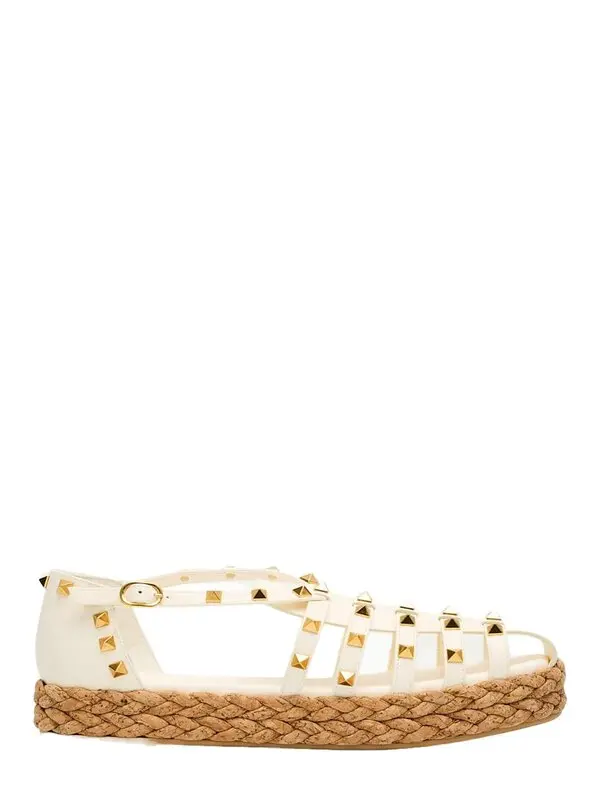 Valentino Garavani Rockstud Leather Espadrille Fisherman Sandals - Ivory/naturale
