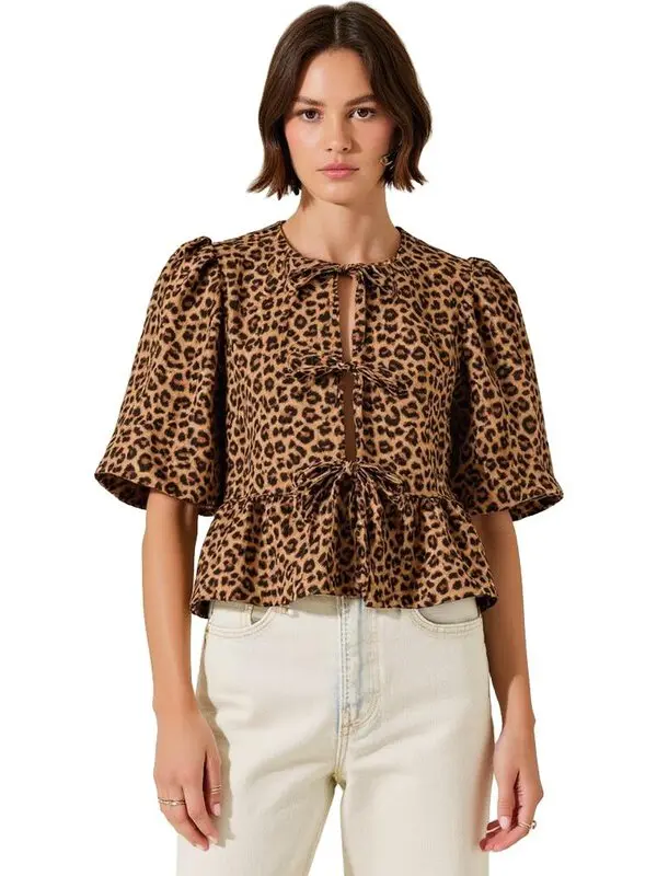 MODENAIRE Peplum Top With Tie Closures And Puff Sleeves - Leopard Print