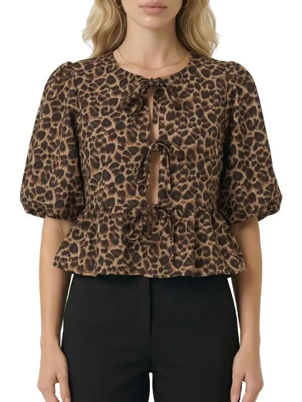 MODENAIRE Peplum Top With Tie Closures And Puff Sleeves - Leopard Print