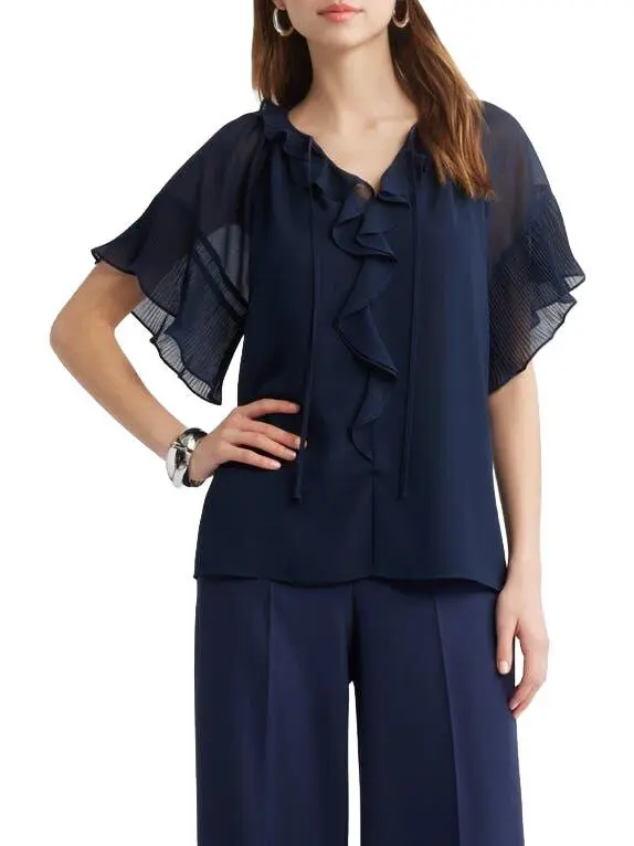 Kobi Halperin Ruffle Flutter Sleeve Chiffon Top - Navy
