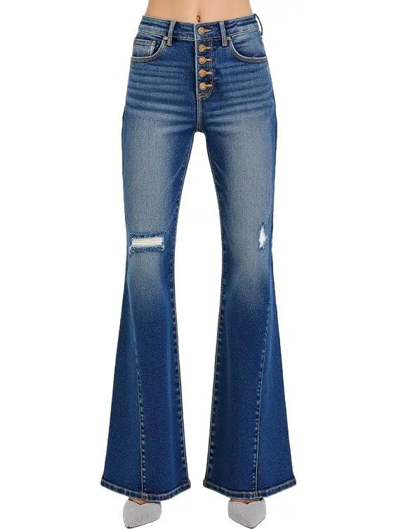 MODENAIRE High Rise Flare Jeans With Button Fly And Distressed Detail - Deep Indigo