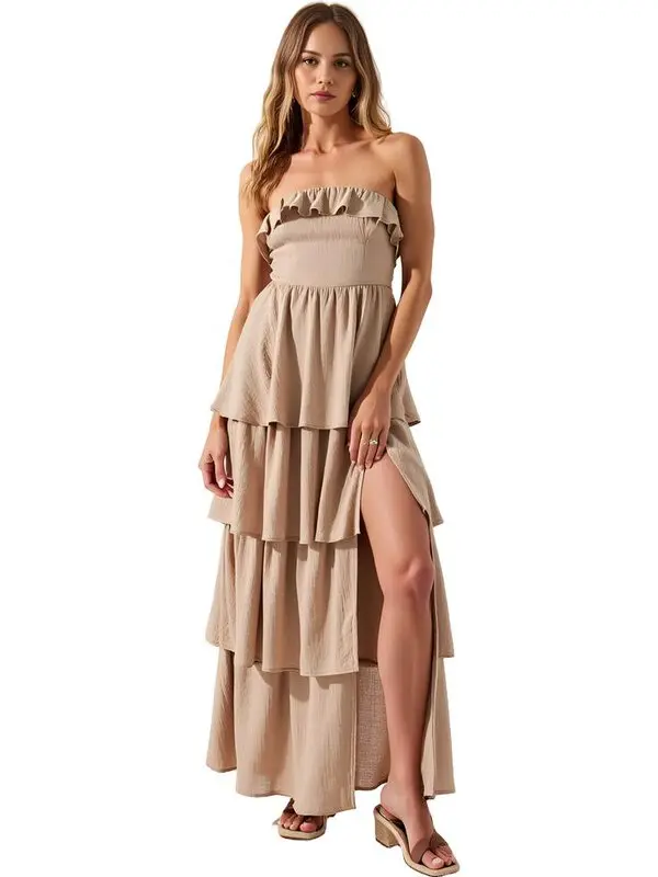 MODENAIRE Strapless Tiered Ruffle Maxi Dress - Beige