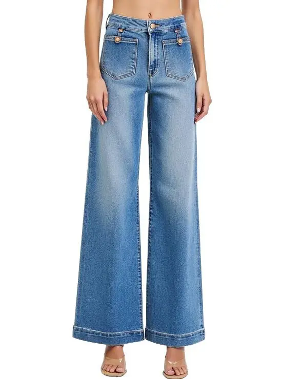 MODENAIRE High-waist Wide-leg Jeans With Patch Pockets - Light Blue