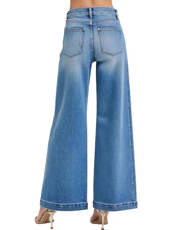 MODENAIRE High-waist Wide-leg Jeans With Patch Pockets - Light Blue